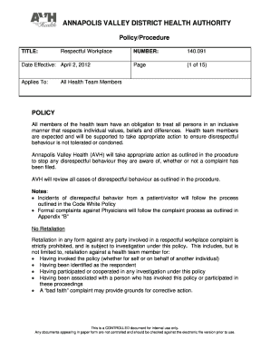 Fillable Online awarens 140091 Respectful Workplace Policy Procedure ...