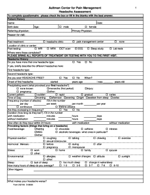 Fillable Online Aultman Center for Pain Management 1 Headache ...