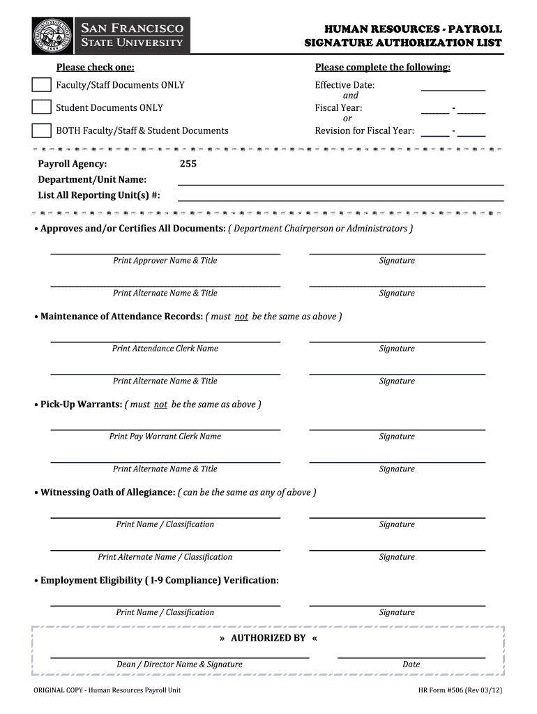 Fillable Online HUMAN RESOURCES - PAYROLL SIGNATURE AUTHORIZATION LIST ...