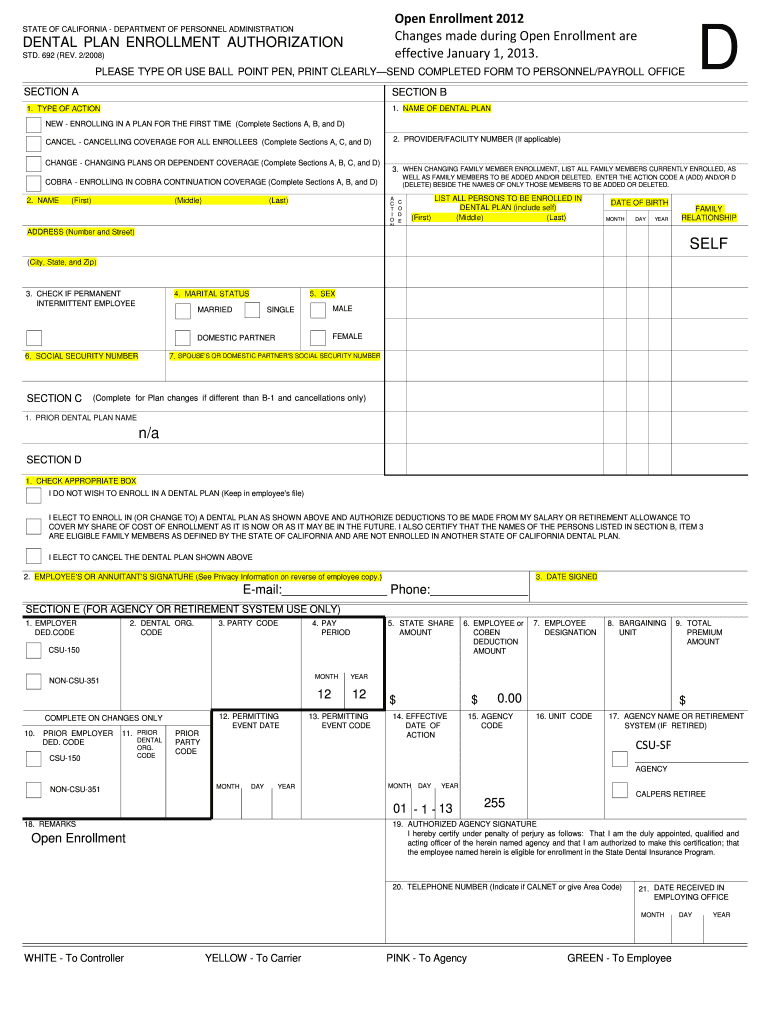 Fillable Online Open Enrollment 2012 DENTAL PLAN ENROLLMENT ...