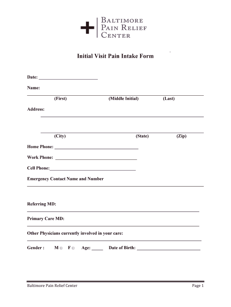 Fillable Online Initial Visit Pain Intake Form2 - Baltimore Pain Relief ...