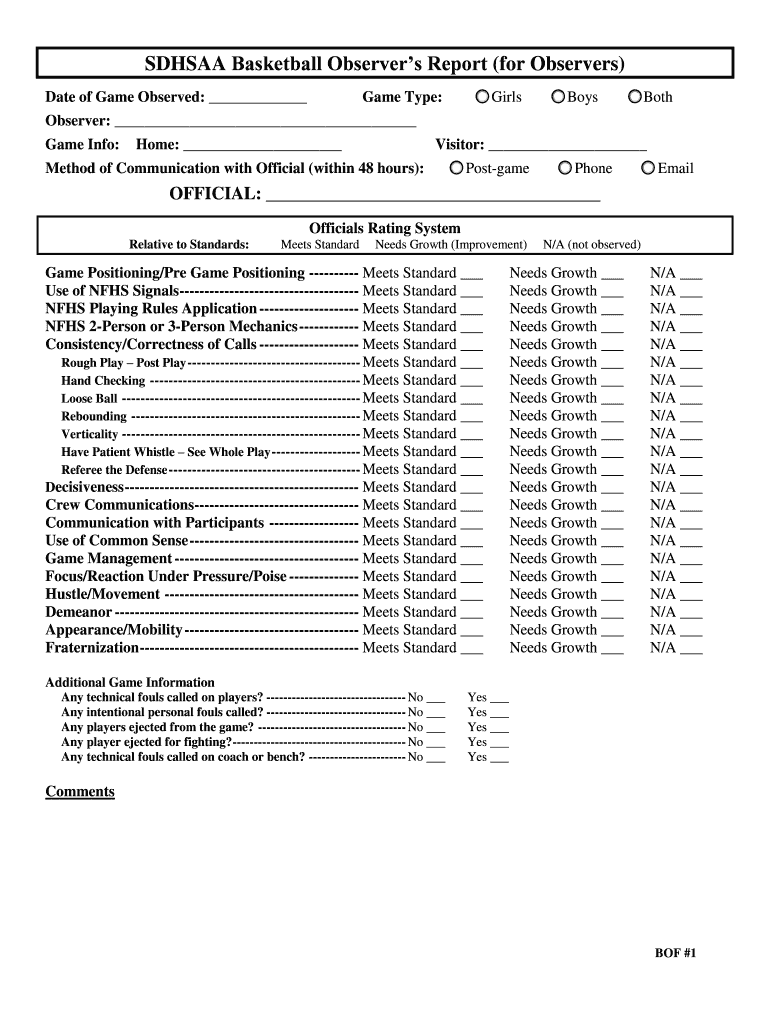 Fillable Online SDHSAA Basketball Observers Report for Observers Fax ...