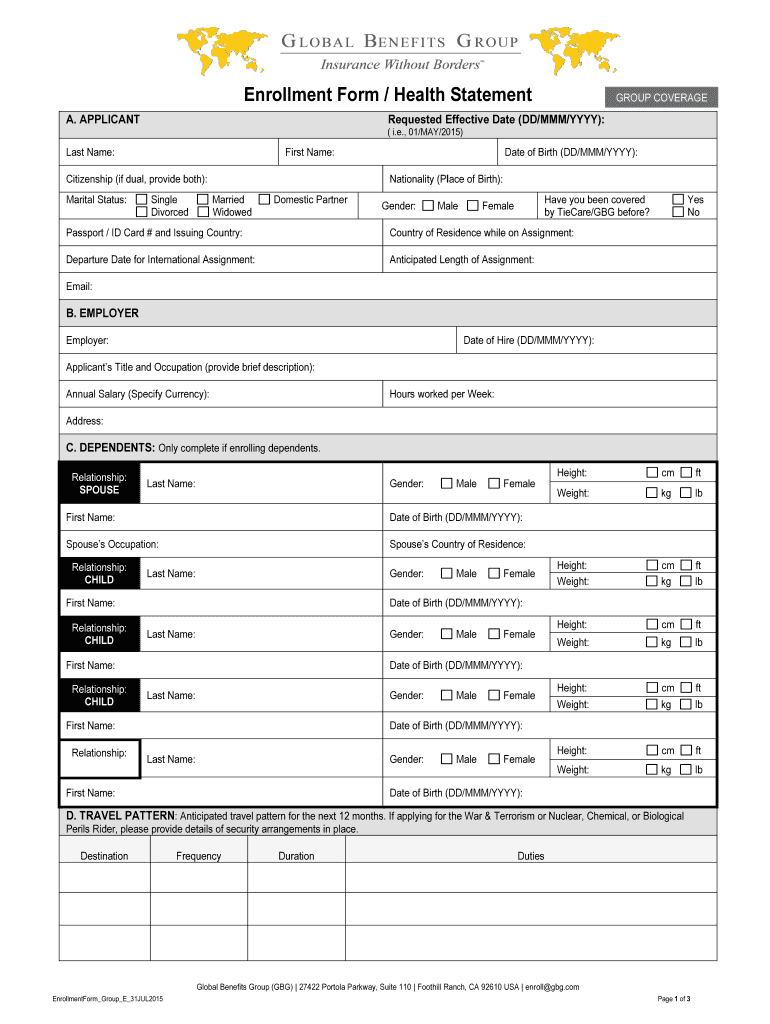 Fillable Online Enrollment Form Health Statement Fax Email Print ...