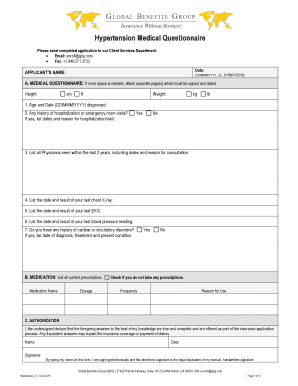 Fillable Online Hypertension Medical Questionnaire - Global Benefits ...