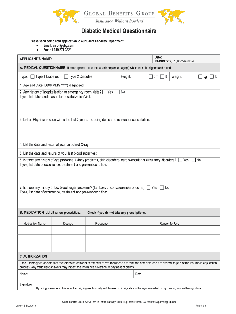 Fillable Online Diabetic Medical Questionnaire - Global Benefits Group ...