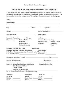 Fillable Online OFFICIAL NOTICE OF TERMINATION OF EMPLOYMENT Fax Email Print - pdfFiller