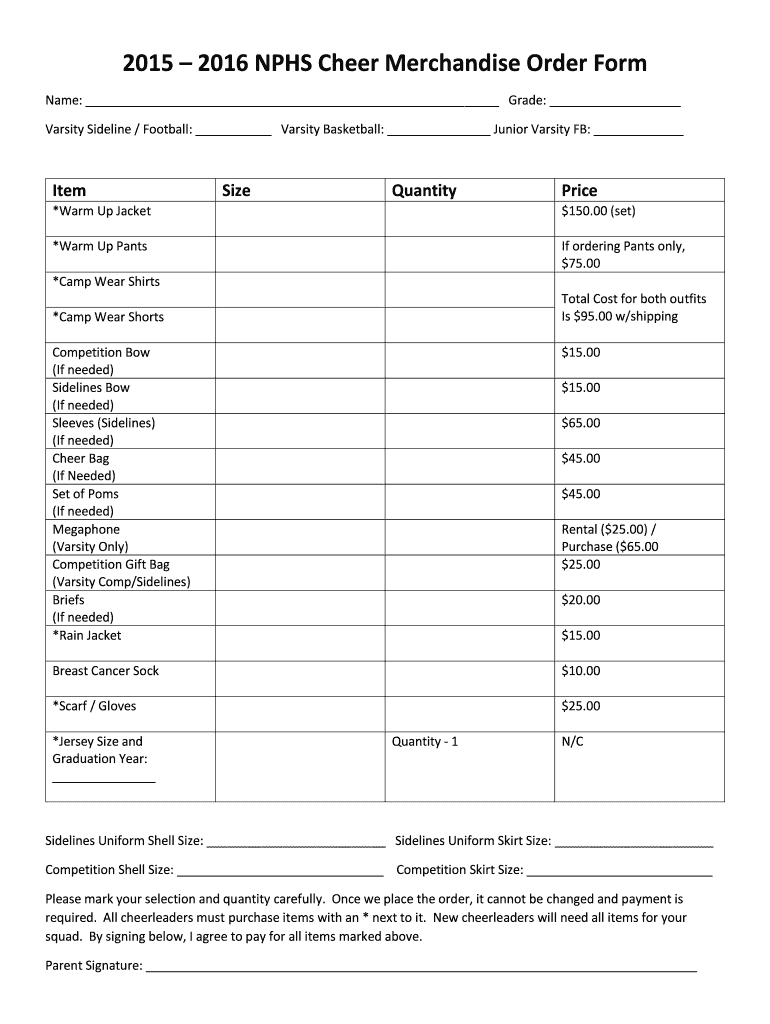 Fillable Online 2015 2016 NPHS Cheer Merchandise Order Form Fax Email ...