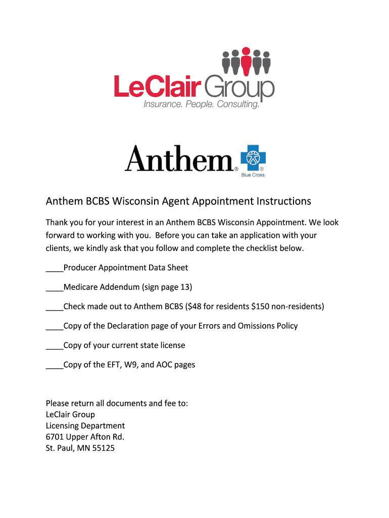 Fillable Online Anthem BCBS Wisconsin Agent Appointment Instructions ...