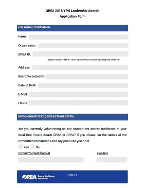Fillable Online OREA 2016 YPN Leadership Awards Application Form Personal Fax Email Print ...