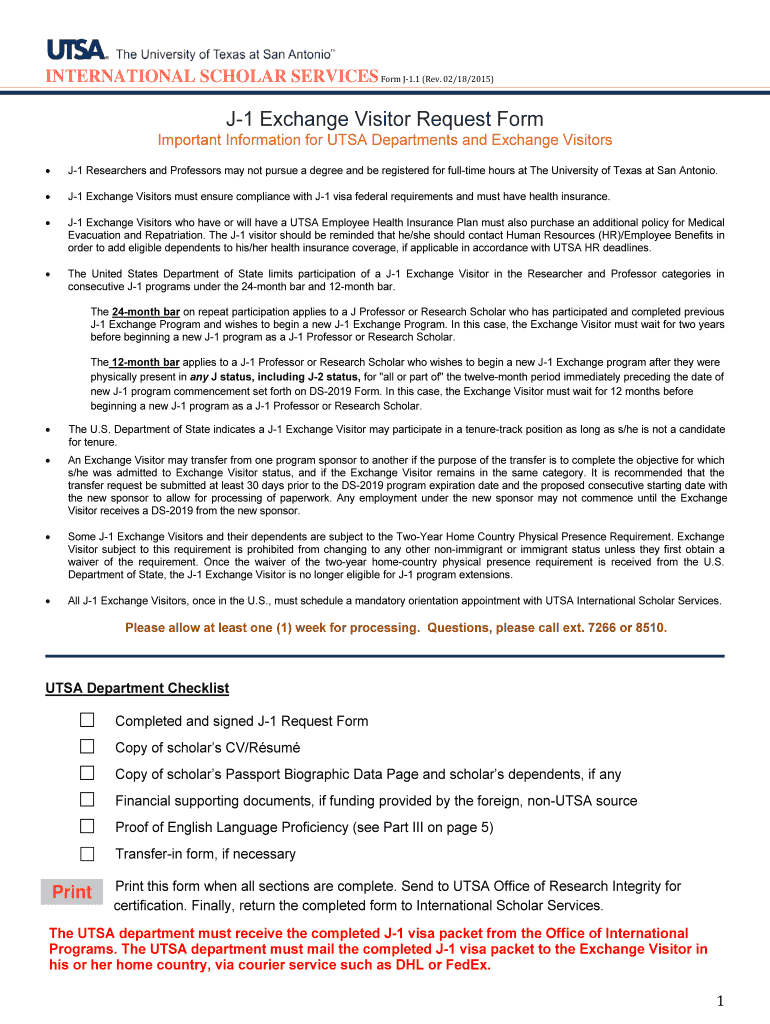Fillable Online international utsa J1 Exchange Visitor Request Form Fax Email Print - pdfFiller