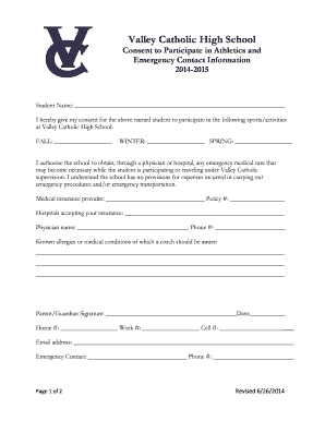 Fillable Online Valley Catholic High School Consent to Participate in Athletics and Emergency ...