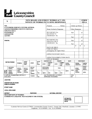 Fillable Online SWL 4 New roads and street works act 1991 notice of ...