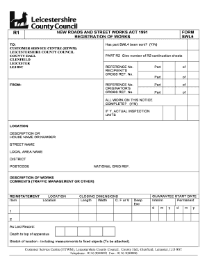 Fillable Online SWL 5 New roads and street works act 1991 registration ...