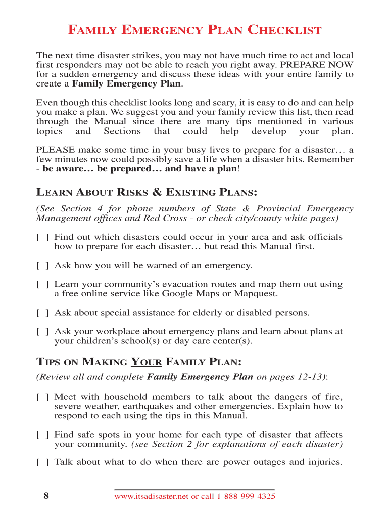 Fillable Online itsadisaster FAMILY EMERGENCY PLAN CHECKLIST Fax Email ...