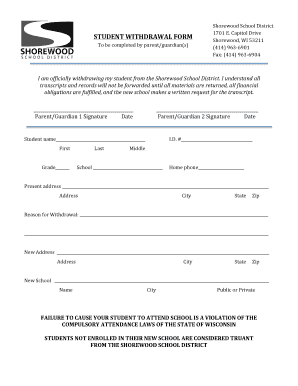 Fillable Online Student withdrawal form - Shorewood Intermediate School ...