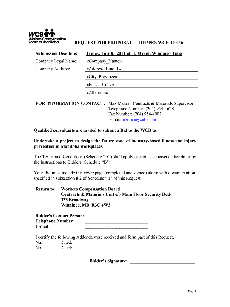Fillable Online REQUEST FOR PROPOSAL RFP NO WCB-10-036 Friday July 8 ...