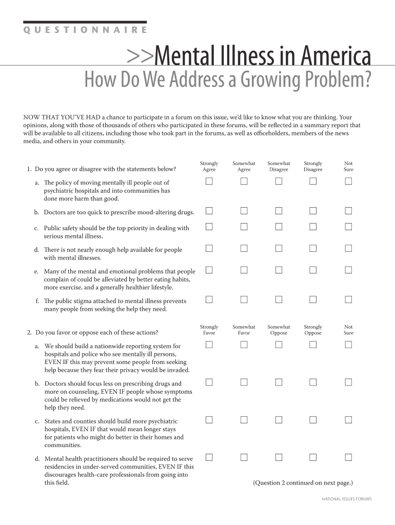 Fillable Online QUESTIONNAIRE Mental Illness in America How Do We Fax ...