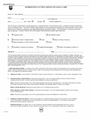 Fillable Online AFFIRMATIVE ACTION APPLICANT DATA CARD - agscipsuedu ...