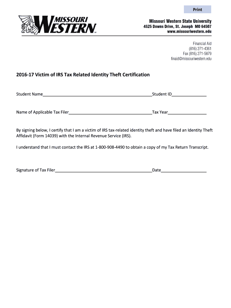 Fillable Online missouriwestern 2016-17 Identity Theft Statement Fax ...