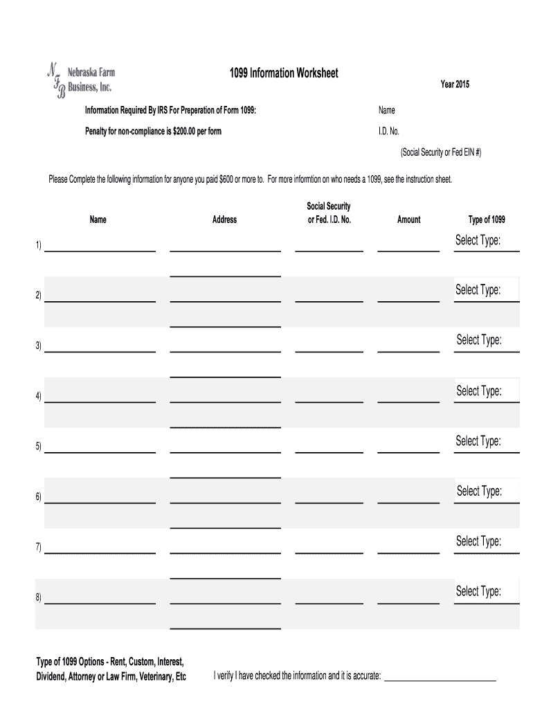 Fillable Online 1099 Information Worksheet Year 2015 Fax Email Print ...