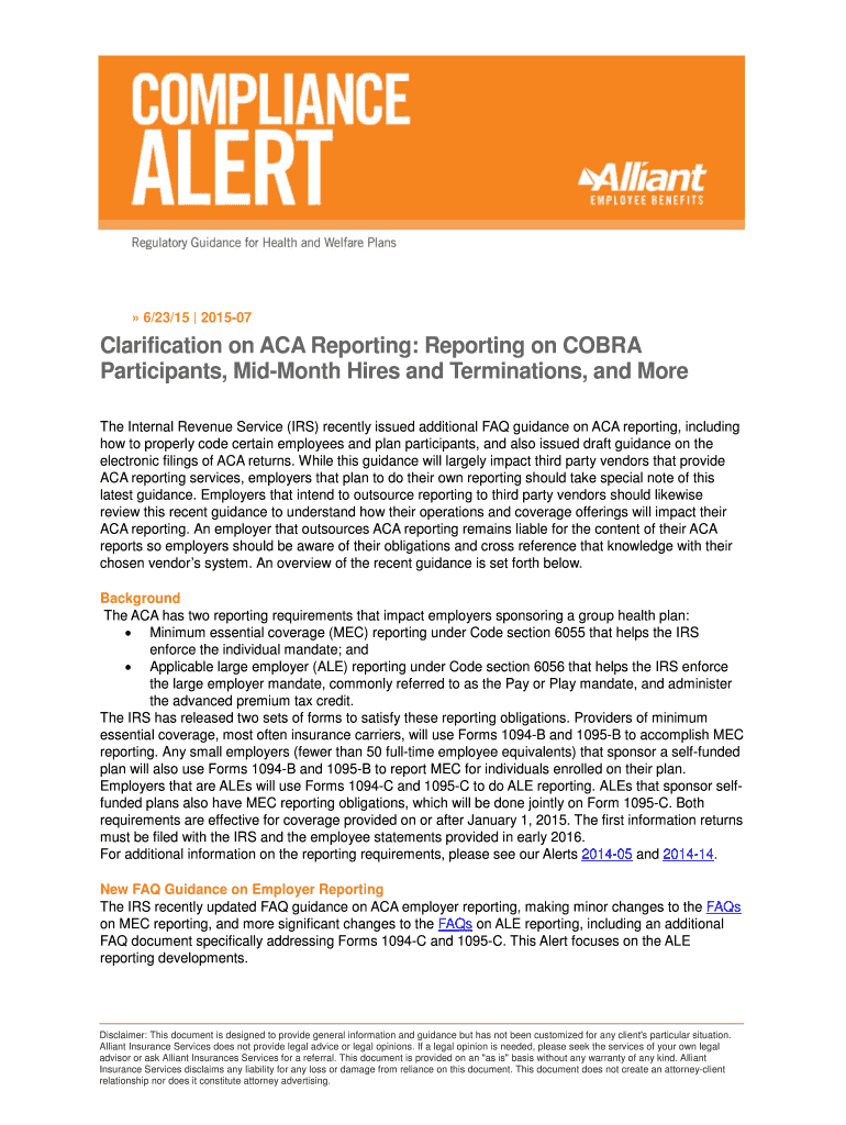 Fillable Online Clarification on ACA Reporting: Reporting on COBRA Fax ...