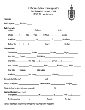 Fillable Online stcornelius Cornelius Catholic School Application 3330 ...