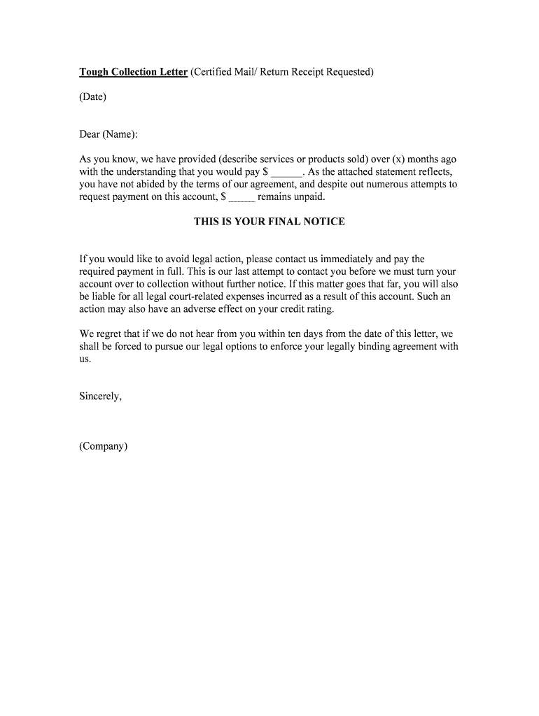 Fillable Online Tough Collection Letter Certified Mail Return Fax Email ...