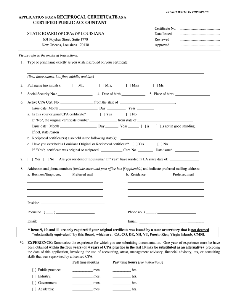 Fillable Online APPLICATION FOR A RECIPROCAL CERTIFICATE AS A Fax Email Print - pdfFiller