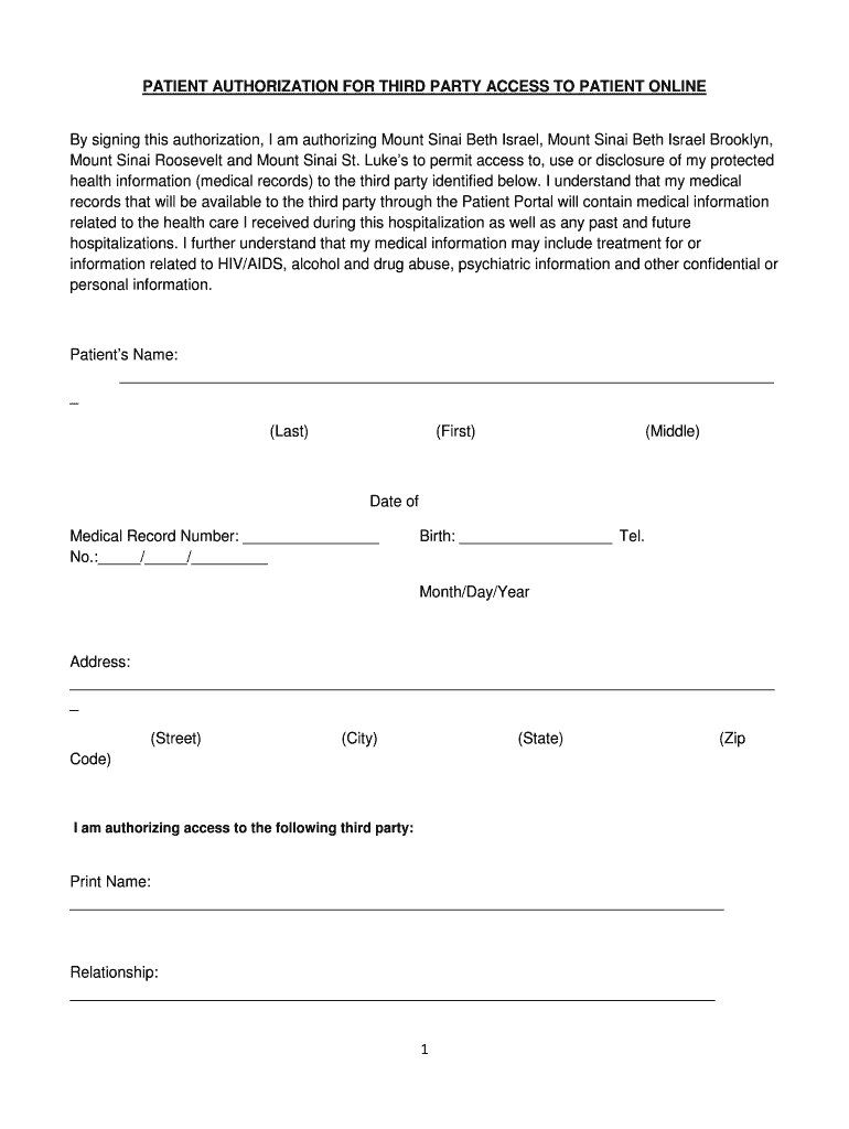 Fillable Online pol chpnet PATIENT AUTHORIZATION FOR THIRD PARTY ACCESS ...