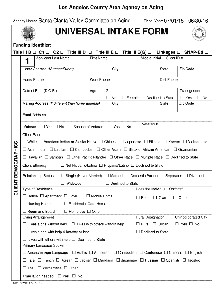 Fillable Online myscvcoa Fiscal Year UNIVERSAL INTAKE FORM ...