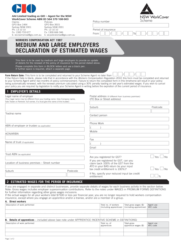 Fillable Online GIO Declaration of Estimated Wages Form - GIO Fax Email ...