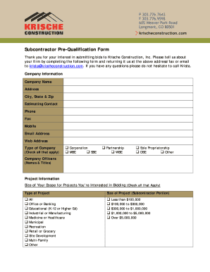 Fillable Online Subcontractor Pre-Qualification Form - Krische ...