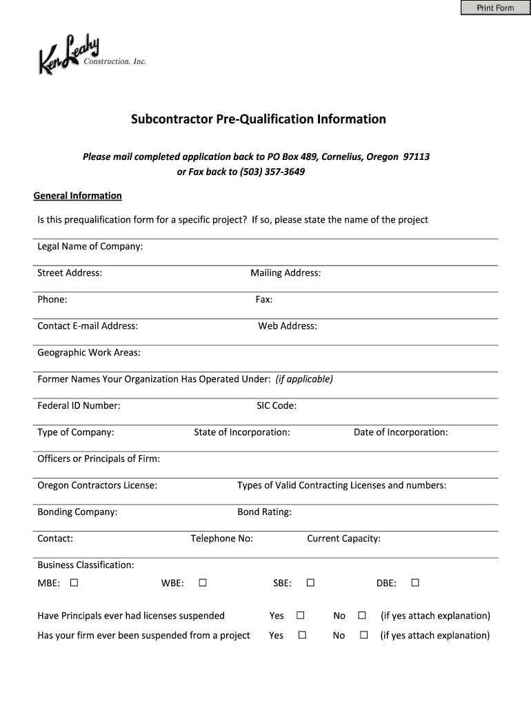 Fillable Online Subcontractor Pre-Qualification Information - Ken Leahy ...