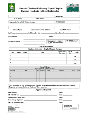 Fillable Online CRC Registration Form for Siena Students enrolling at ...