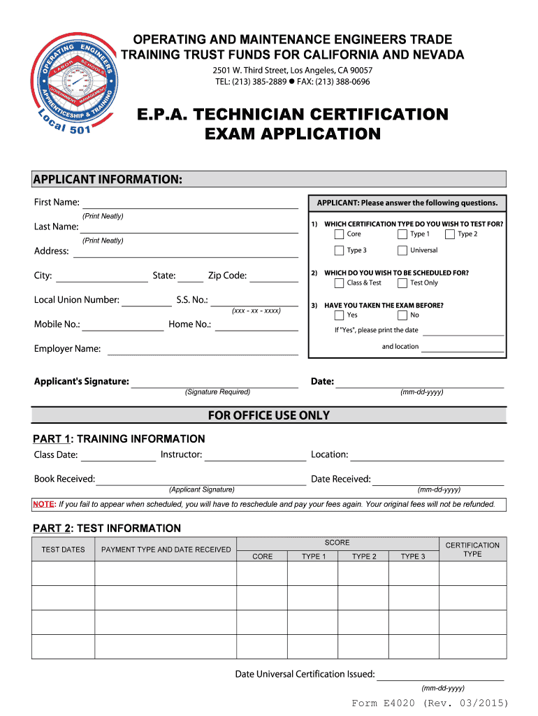 Fillable Online local501training Epa Cert Exam Application Formpdf Fax ...