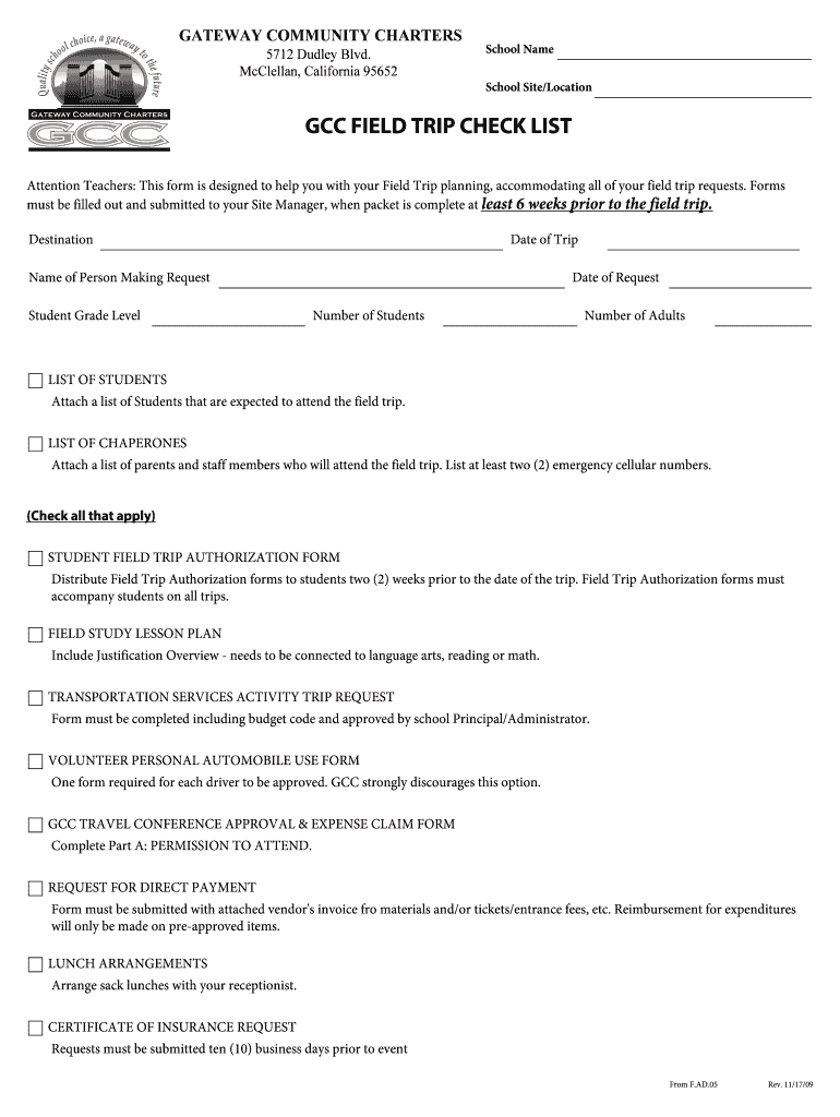 Fillable Online gcccharters GCC FIELD TRIP CHECK LIST - Gateway ...