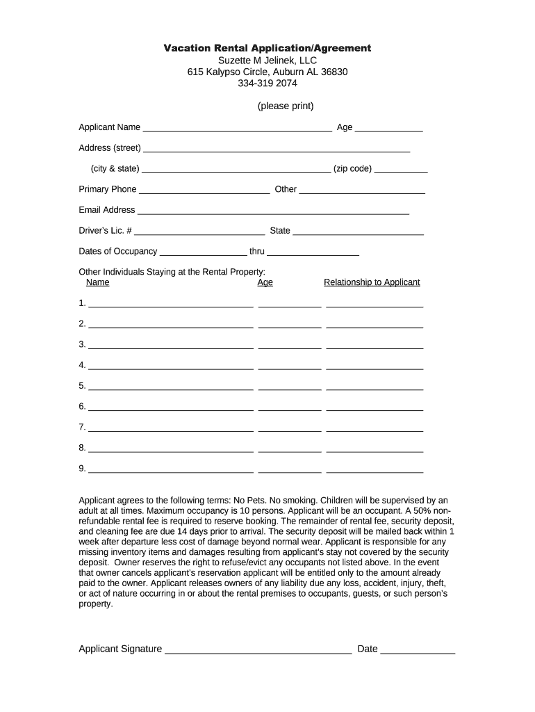Fillable Online Vacation Rental Application - Lake Martin Fax Email ...