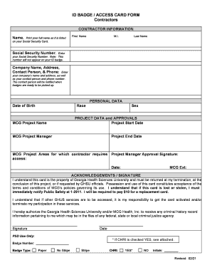 Fillable Online ID BADGE ACCESS CARD FORM - Augusta University Fax ...