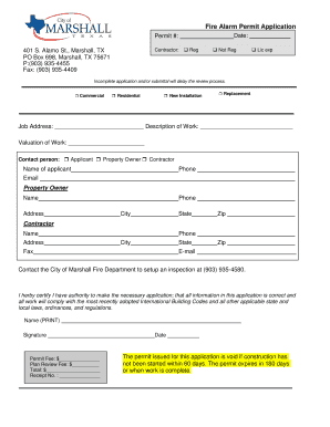 Fillable Online Fire Alarm Permit Application - marshalltexasnet Fax ...