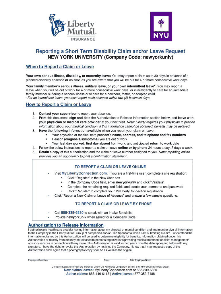 Fillable Online nyu Reporting a Short Term Disability Claim andor Leave ...