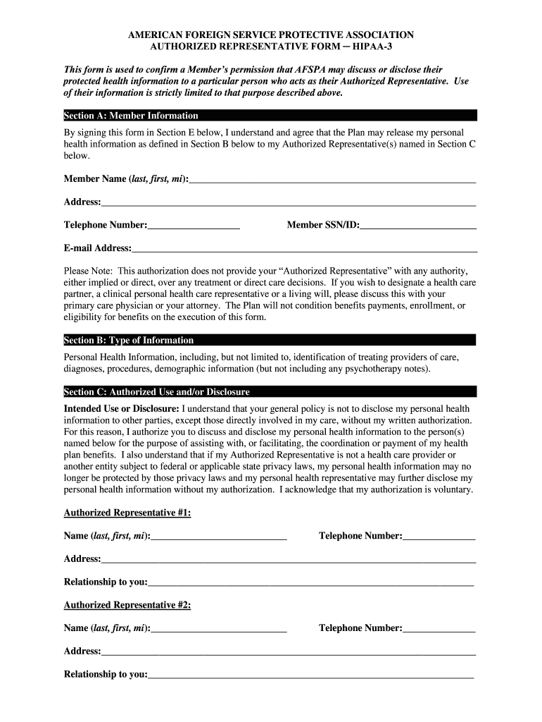 Fillable Online afspa The attached Authorized Representative Form HIPAA-3 should be Fax Email ...