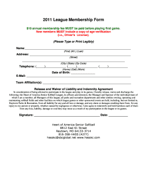 Fillable Online 2011 League Membership Form $15 annual membership fee ...