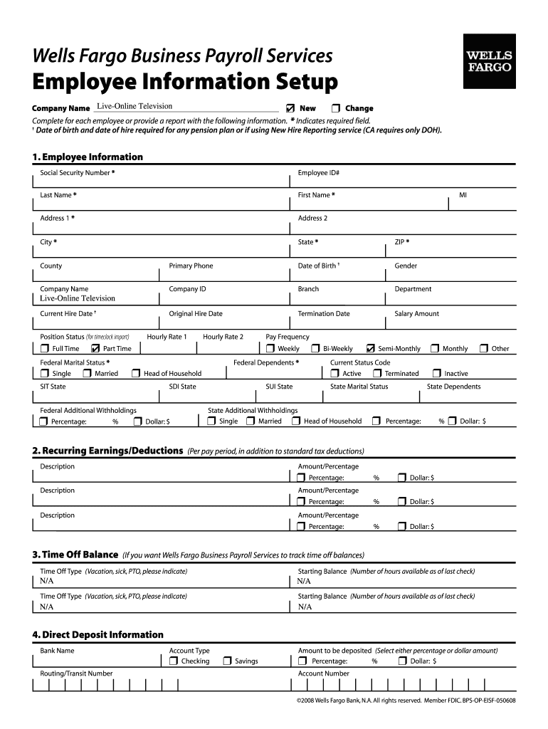 wells fargo business payroll services employee information setup form: Fill out & sign online | DocHub