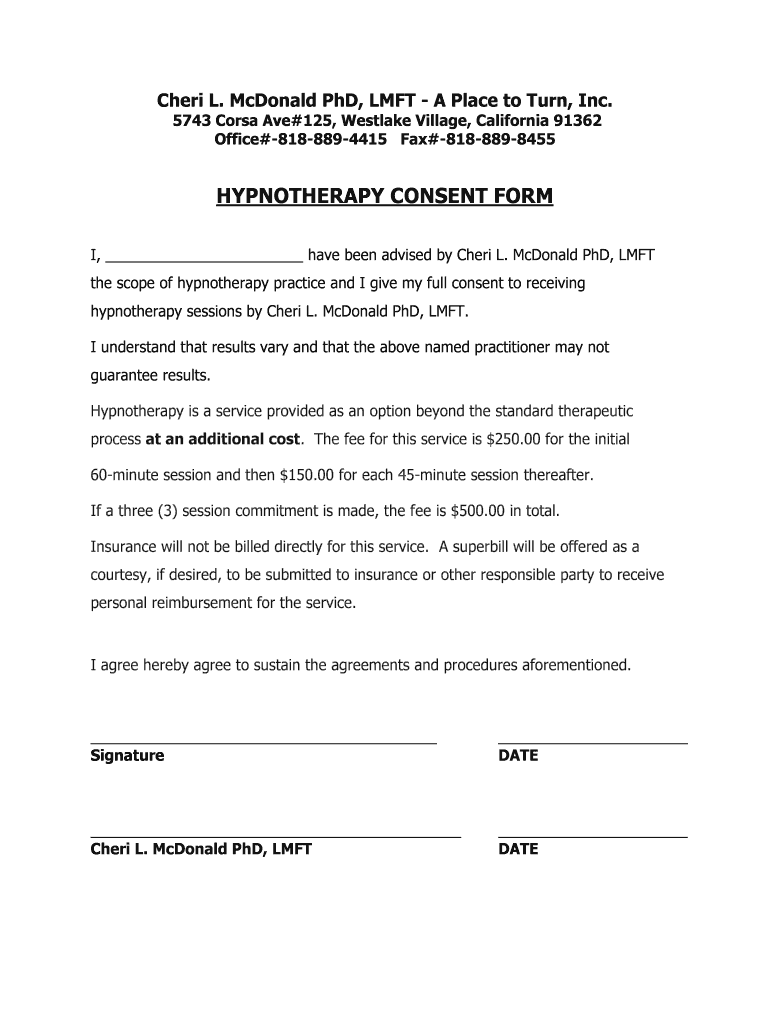 Fillable Online HYPNOTHERAPY CONSENT FORM - baplace2turncomb Fax Email ...