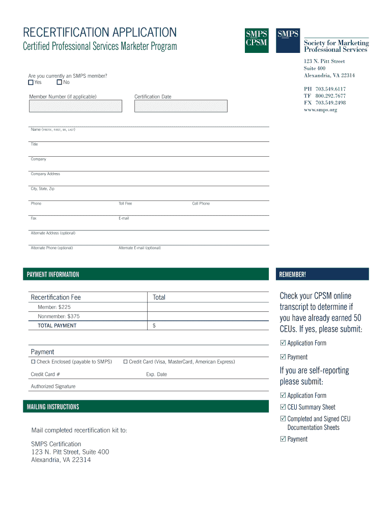 Fillable Online RECERTIFICATION APPLICATION CPSM - SMPS Fax Email Print - pdfFiller