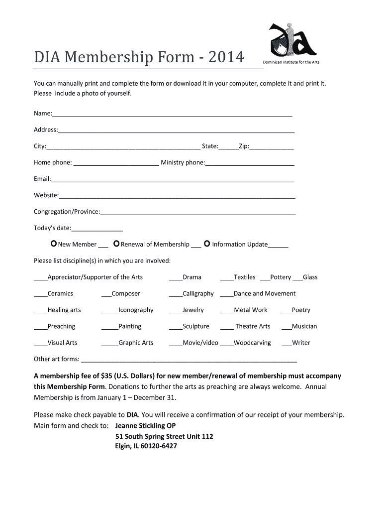 Fillable Online domlife DIA Membership Form - 2014 - domlifeorg Fax ...