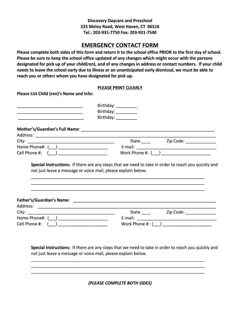 Fillable Online discoverydcp Emergency Contact Form - Discovery Daycare ...
