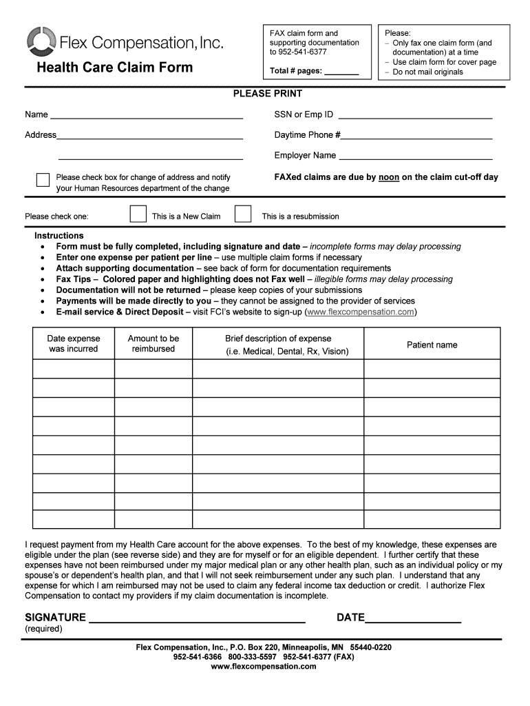 Fillable Online Health Care bClaim Formb - Flex Compensation Inc Fax ...