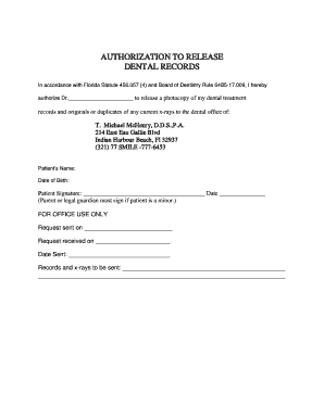 Fillable Online AUTHORIZATION TO RELEASE DENTAL RECORDS - Smile Fax ...