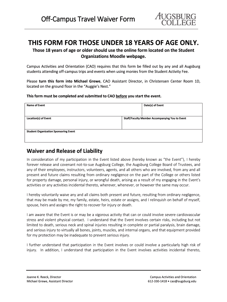 Fillable Online Off-Campus Travel Waiver bFormb THIS bFORMb FOR THOSE UNDER bb Fax Email Print ...